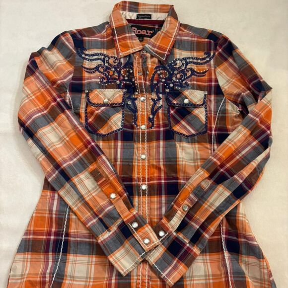 Roar | Tops | Roar Womens Orange Blue Plaid Buttonup Shirt Western ...